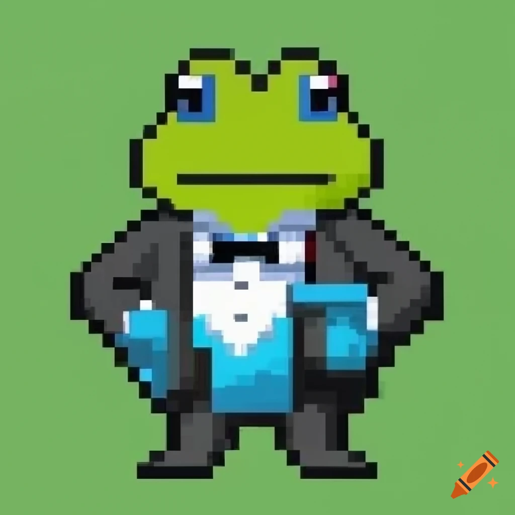 Pixel art of a frog wearing a tuxedo on Craiyon