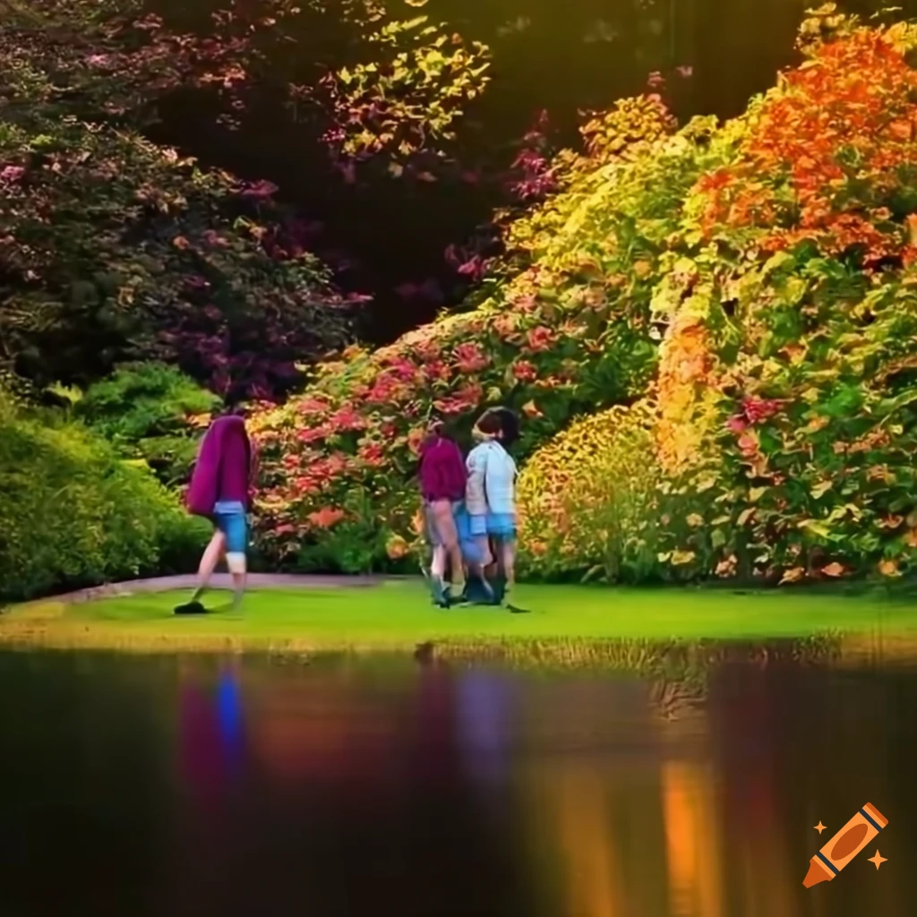 Happy humans enjoying a nice park with flowers on Craiyon