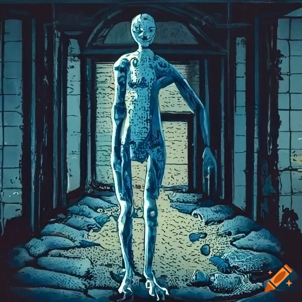 Surreal artwork of a faceless humanoid figure in an abandoned building ...