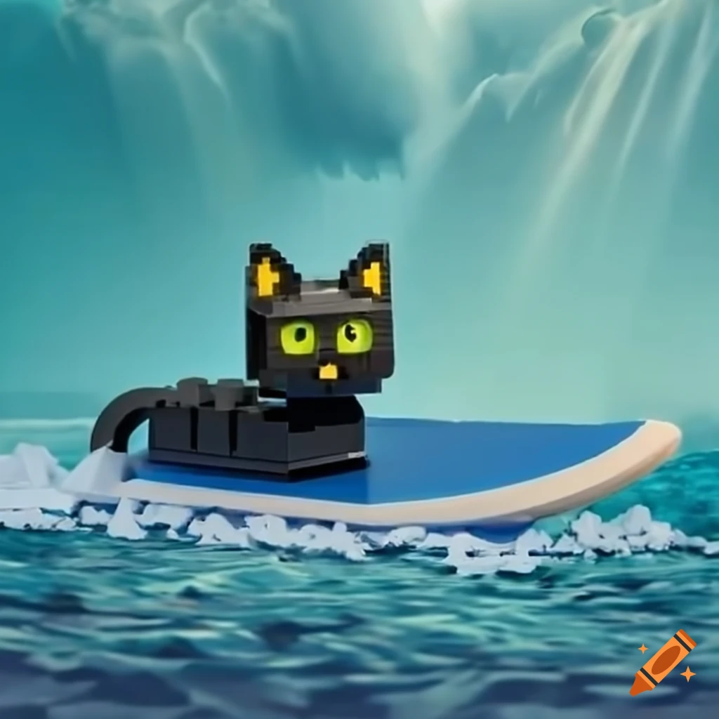 Black Cat Surfing In Lego Ocean On Craiyon