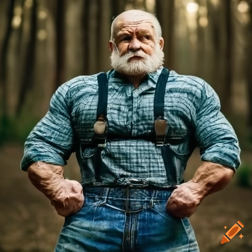 Photo of an old man with muscular arms in overalls on Craiyon