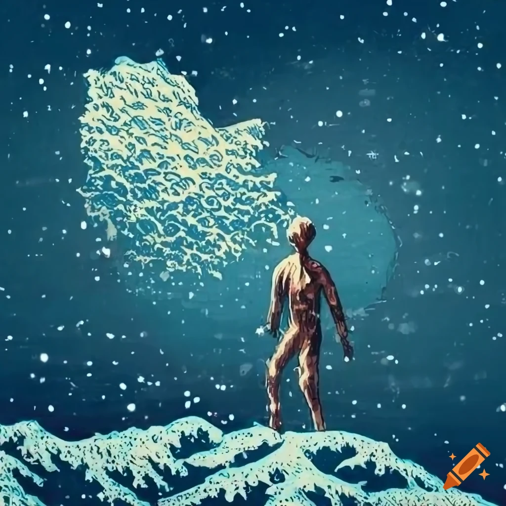 Snowfall with a humanoid figure in abandoned town on Craiyon