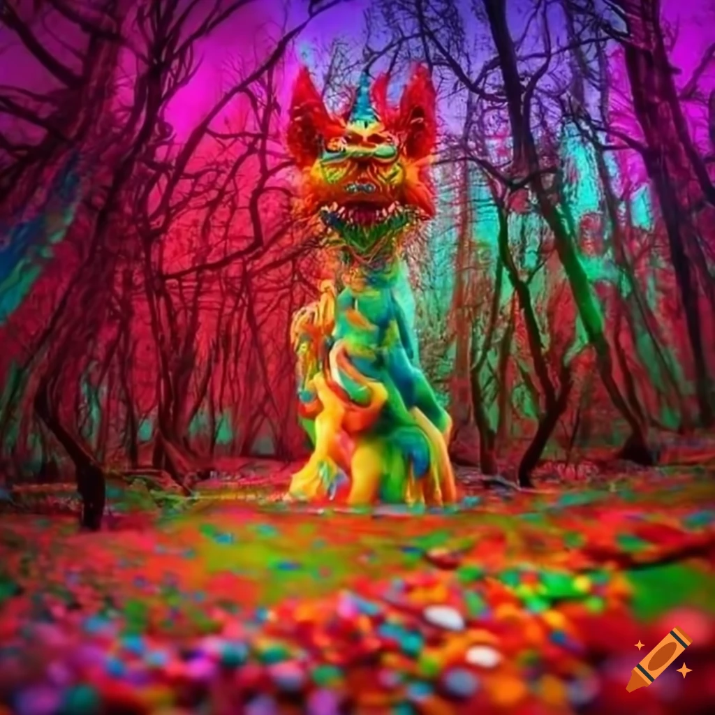 Vibrantly colored mystical beast in a candy forest