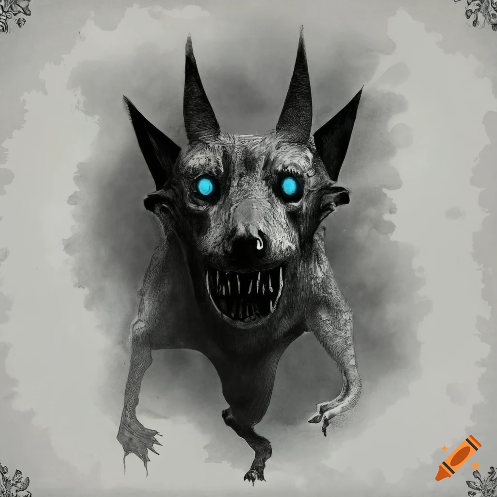 Surreal black and white collage of a glowing-eyed hellhound on Craiyon