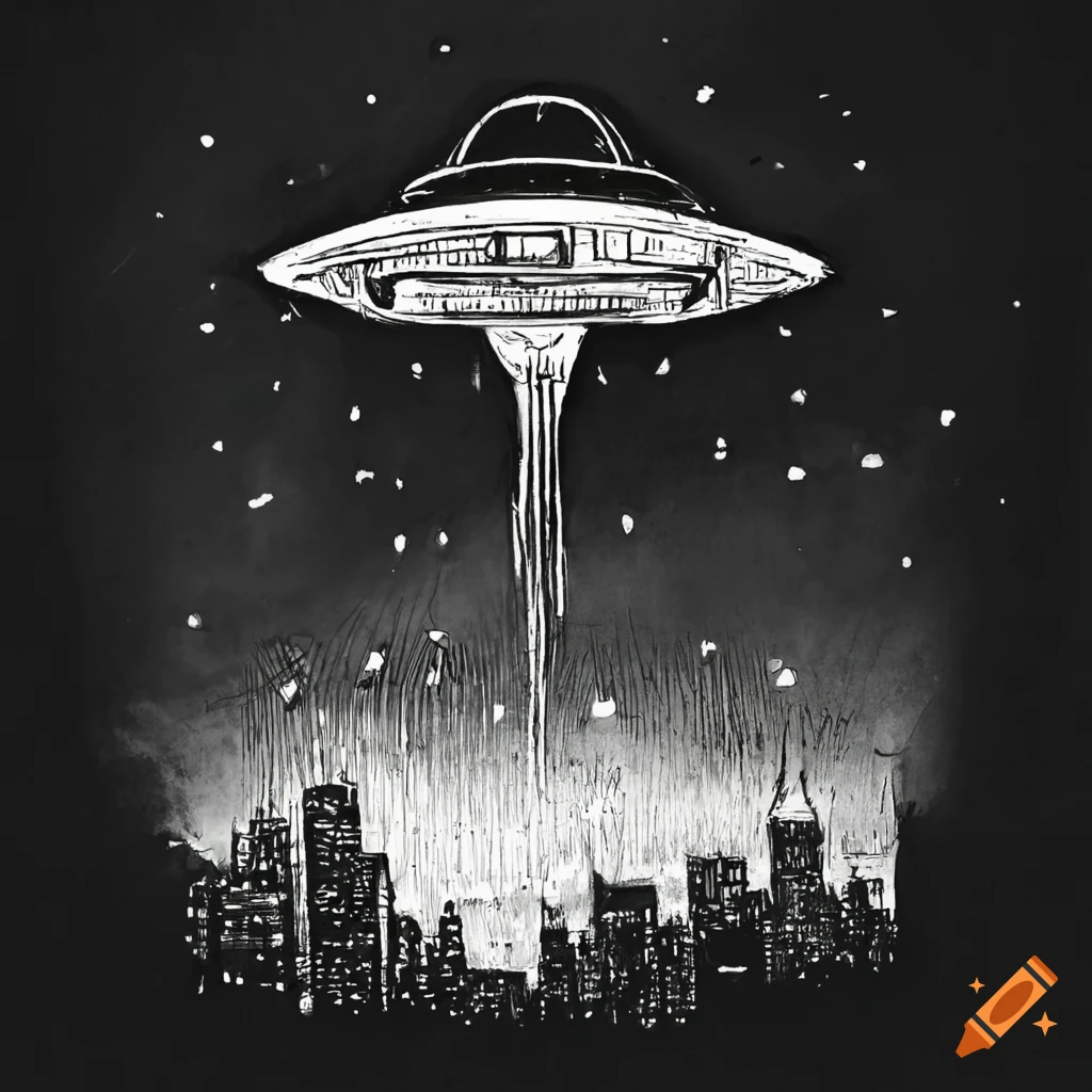 Black and white ink drawing of a ufo in a city