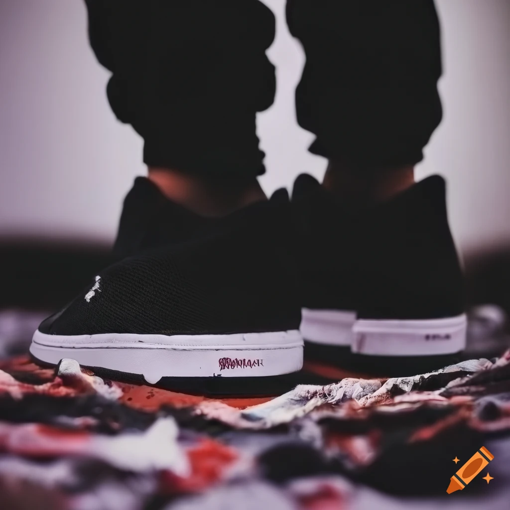 Close-up of black af1 shoes on messy blanket on Craiyon