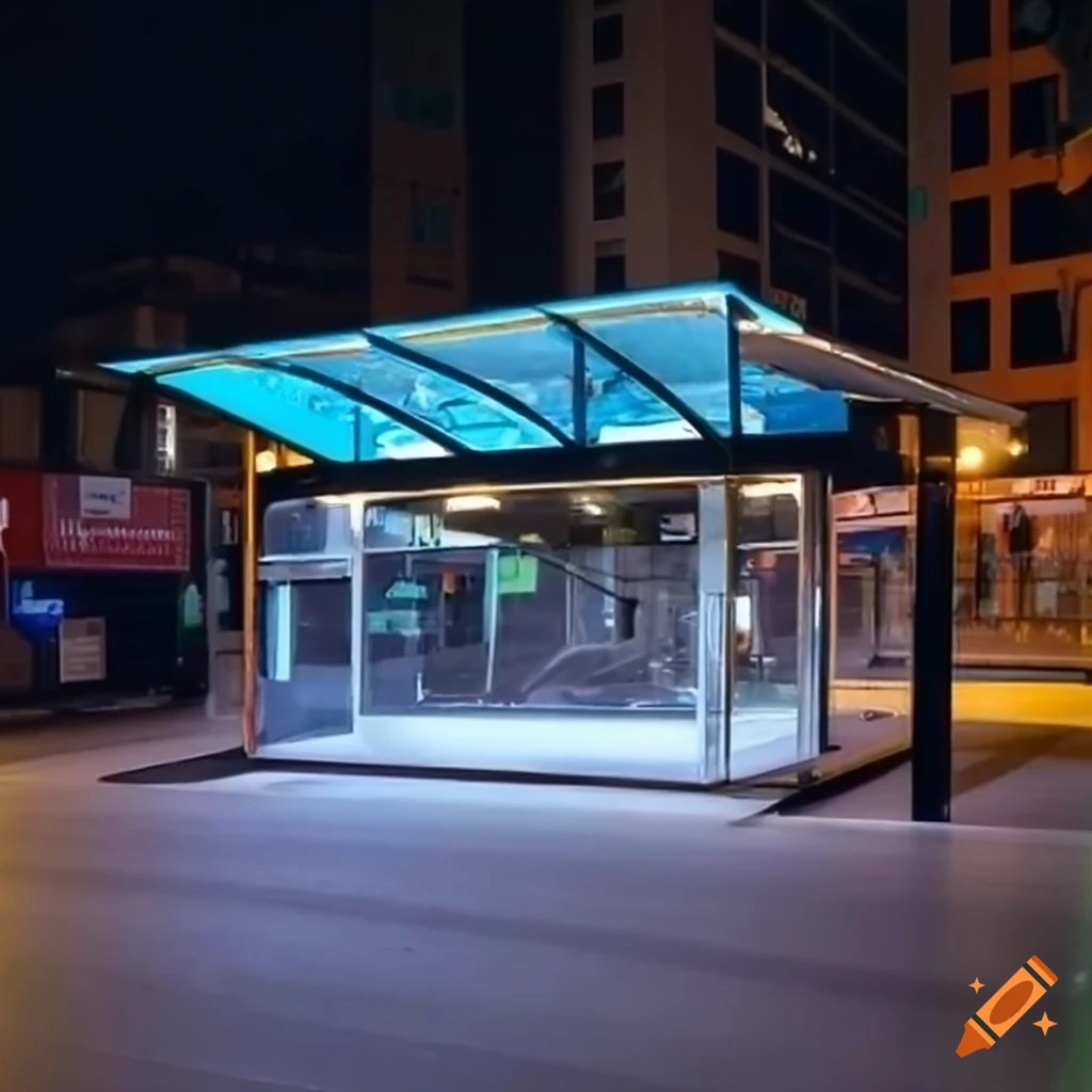 Modern glass-enclosed bus stand on Craiyon