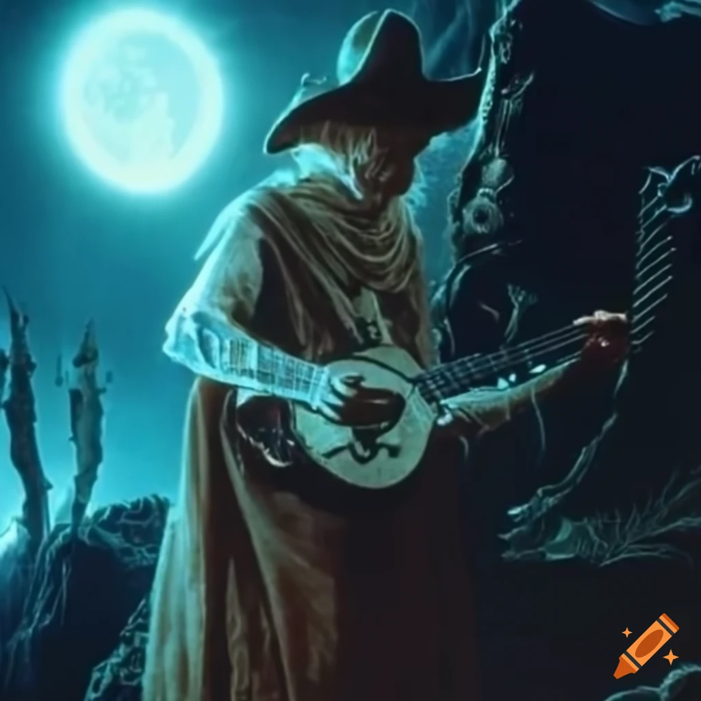 Mystical black robed wizard playing banjo in a summoning circle on Craiyon