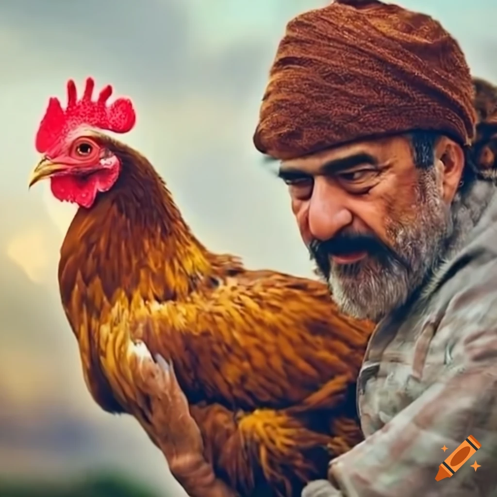 Turkish man affectionately petting a chicken on Craiyon