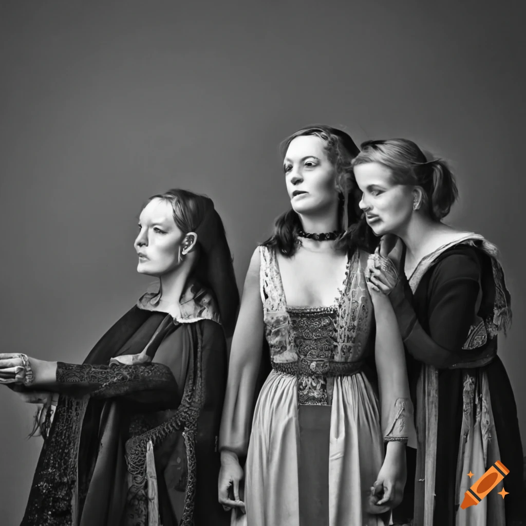 Black and white photo of three women in a medieval setting on Craiyon