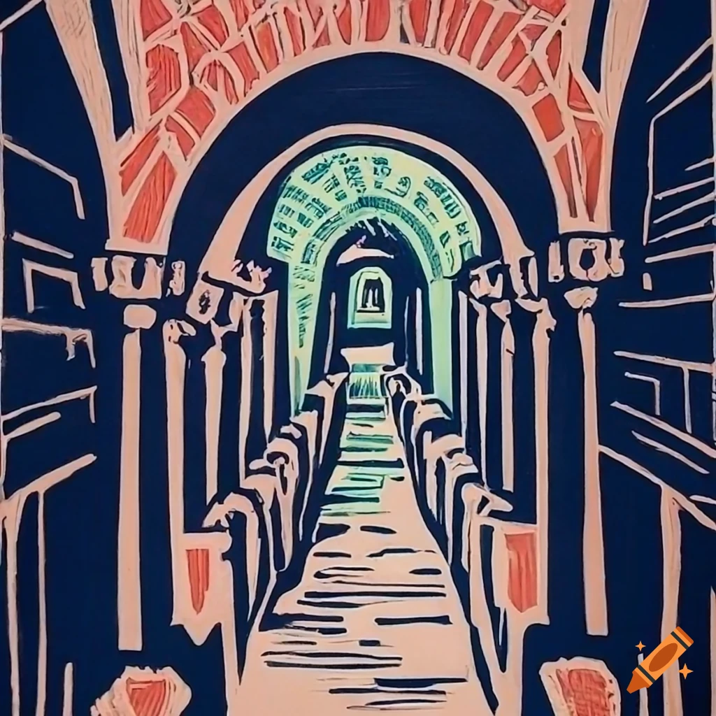Linocut style deep stone arcade art