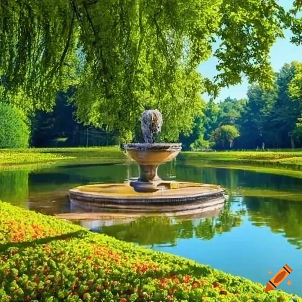 View of a garden landscape with ponds and marble palace on Craiyon