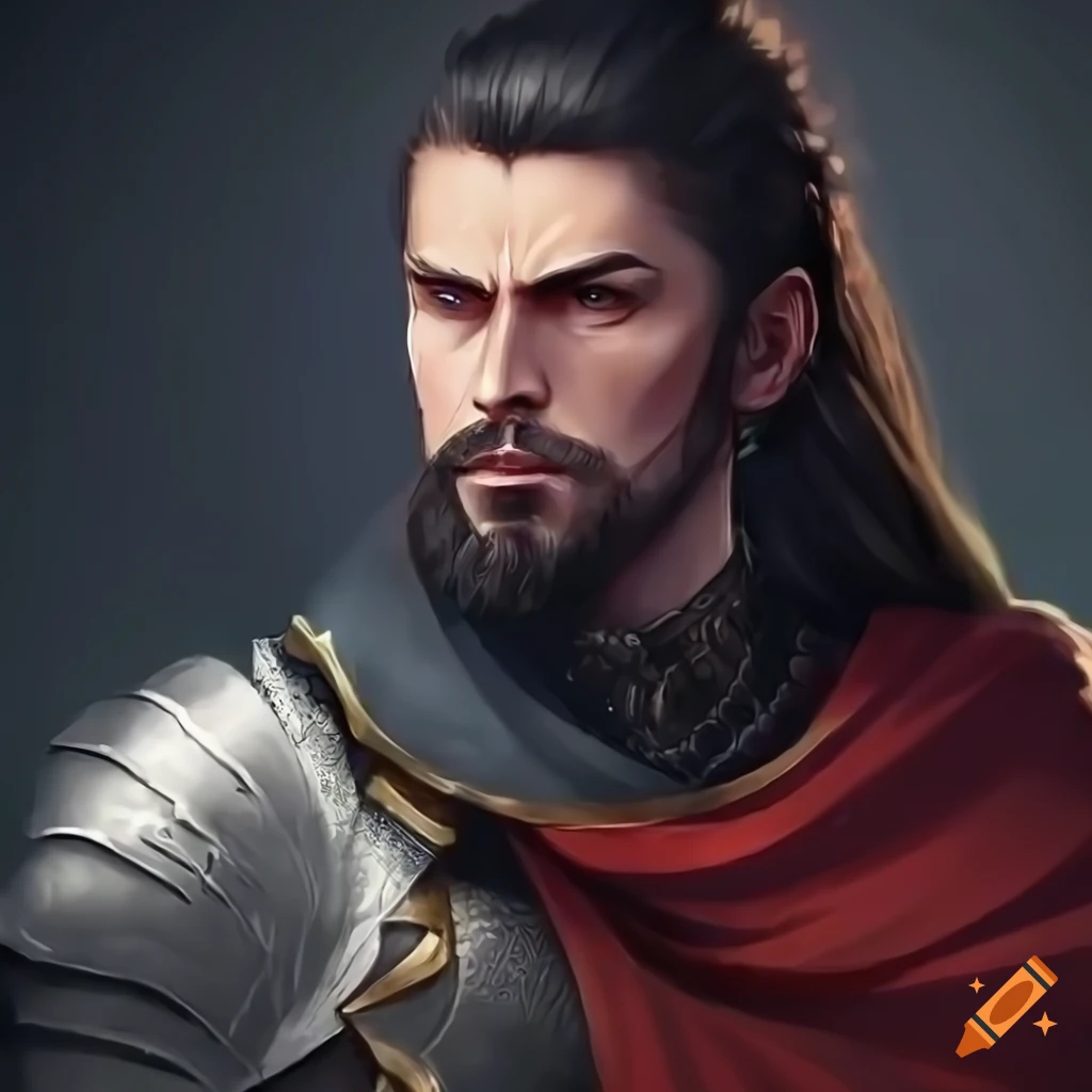 Portrait of a strong knight with long black hair and beard on Craiyon