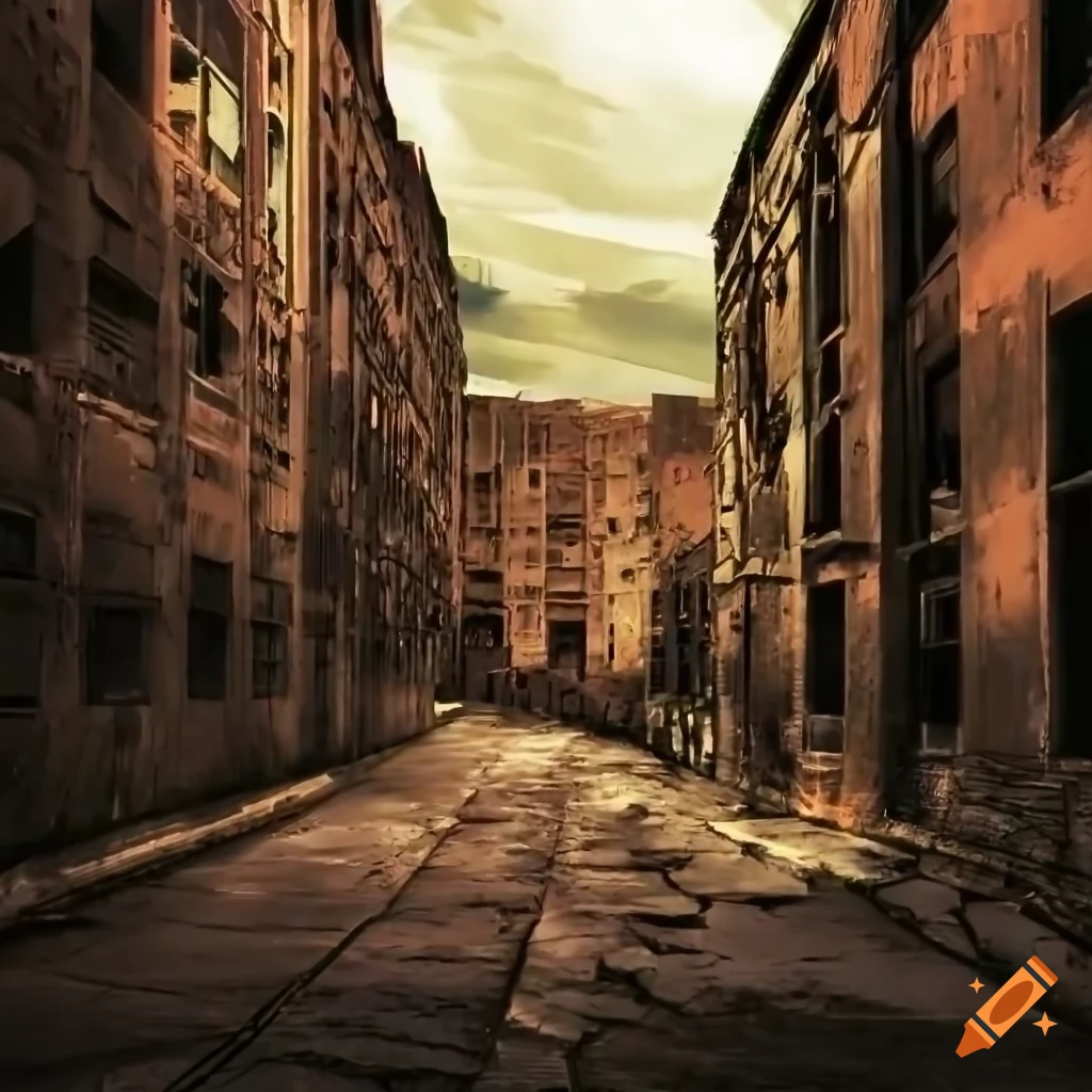 Gritty street scene with cracked buildings and broken glass