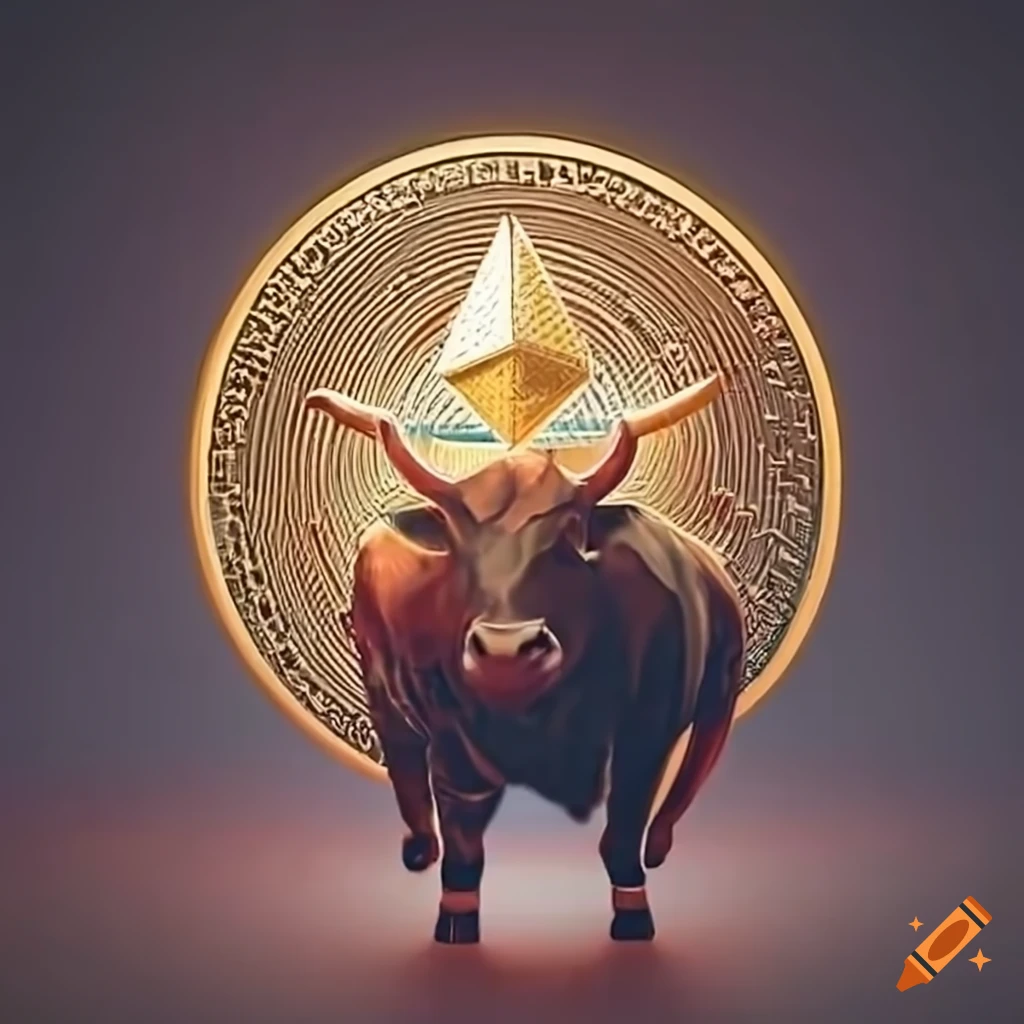 Bull looking at a golden ethereum coin on Craiyon