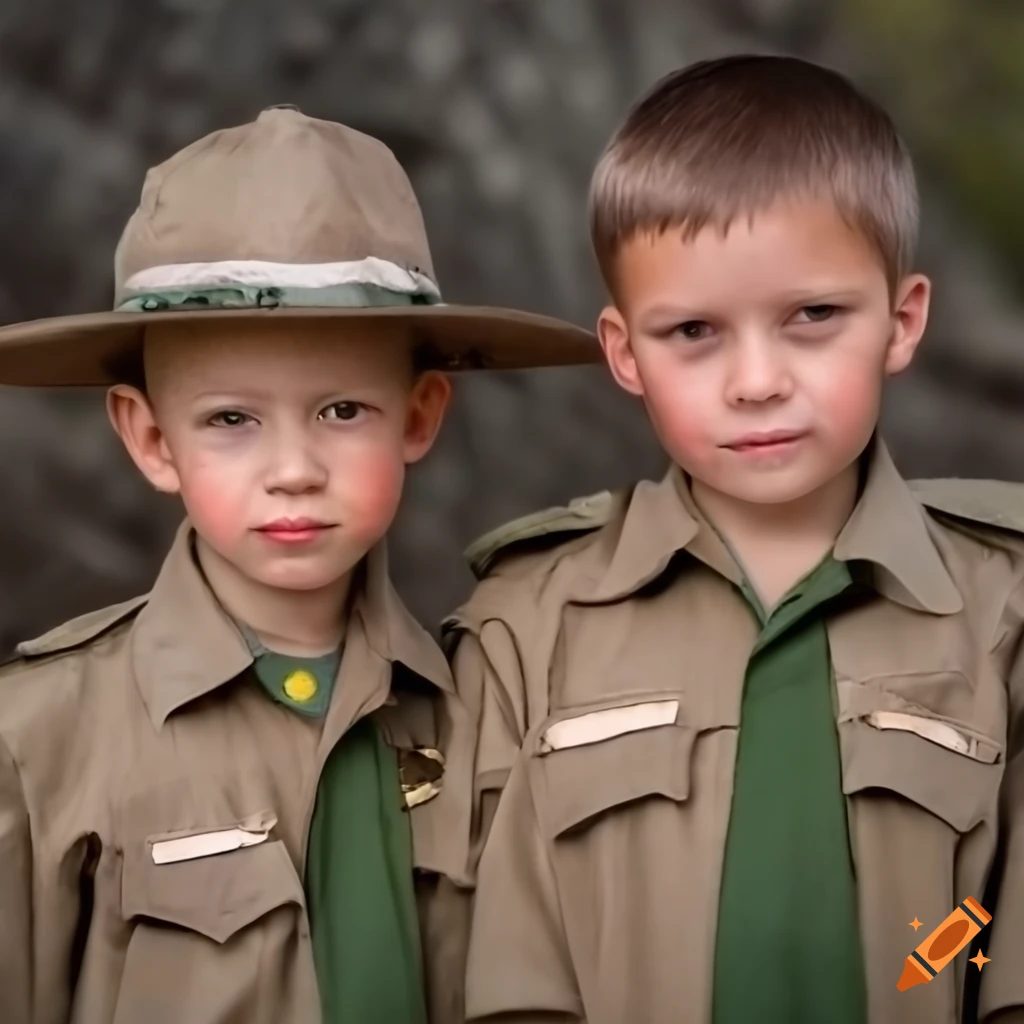 Photo realistic close up of two boys in leather park ranger uniforms on ...