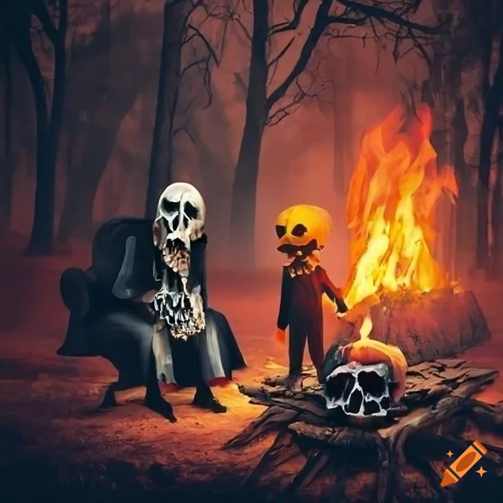Scary Halloween scene with skulls, bonfire, and jack-o'-lantern on Craiyon