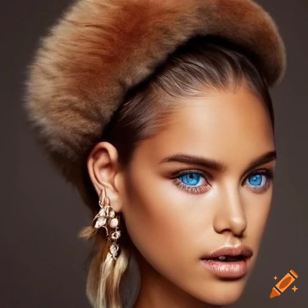 Portrait of a beautiful latina woman with blue eyes and round earrings ...