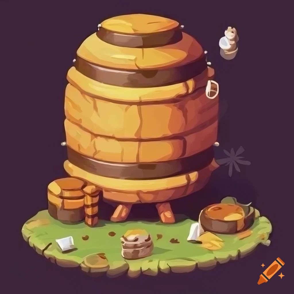 Isometric game art of a beehive and honey collection on Craiyon