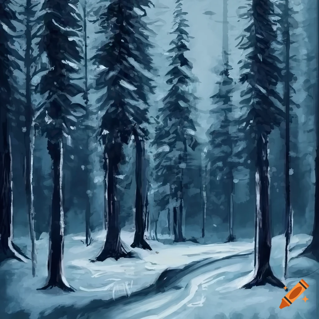 Painterly sketch of a snowy pine forest