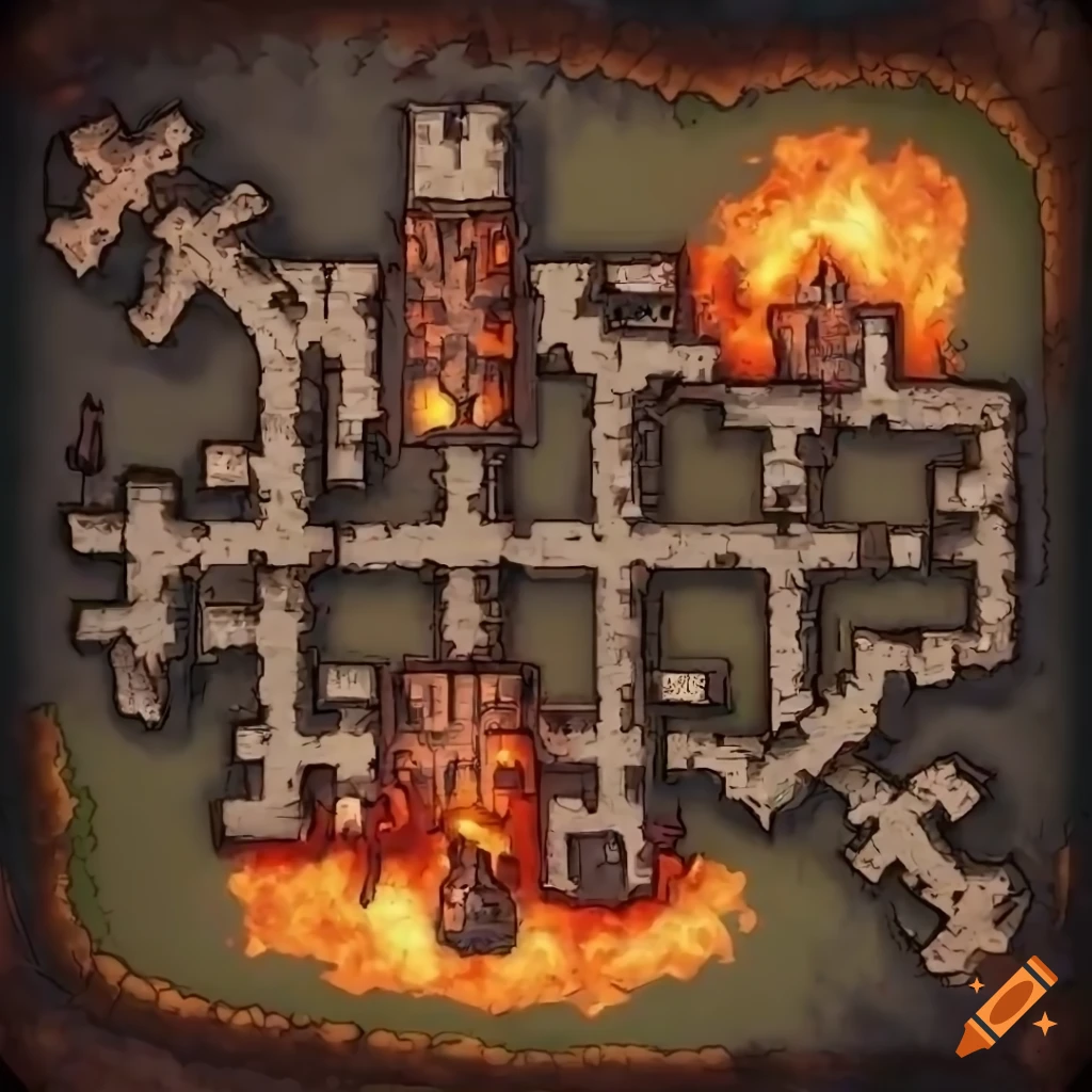 Top-down rpg game map of a burning castle ruin and city on Craiyon