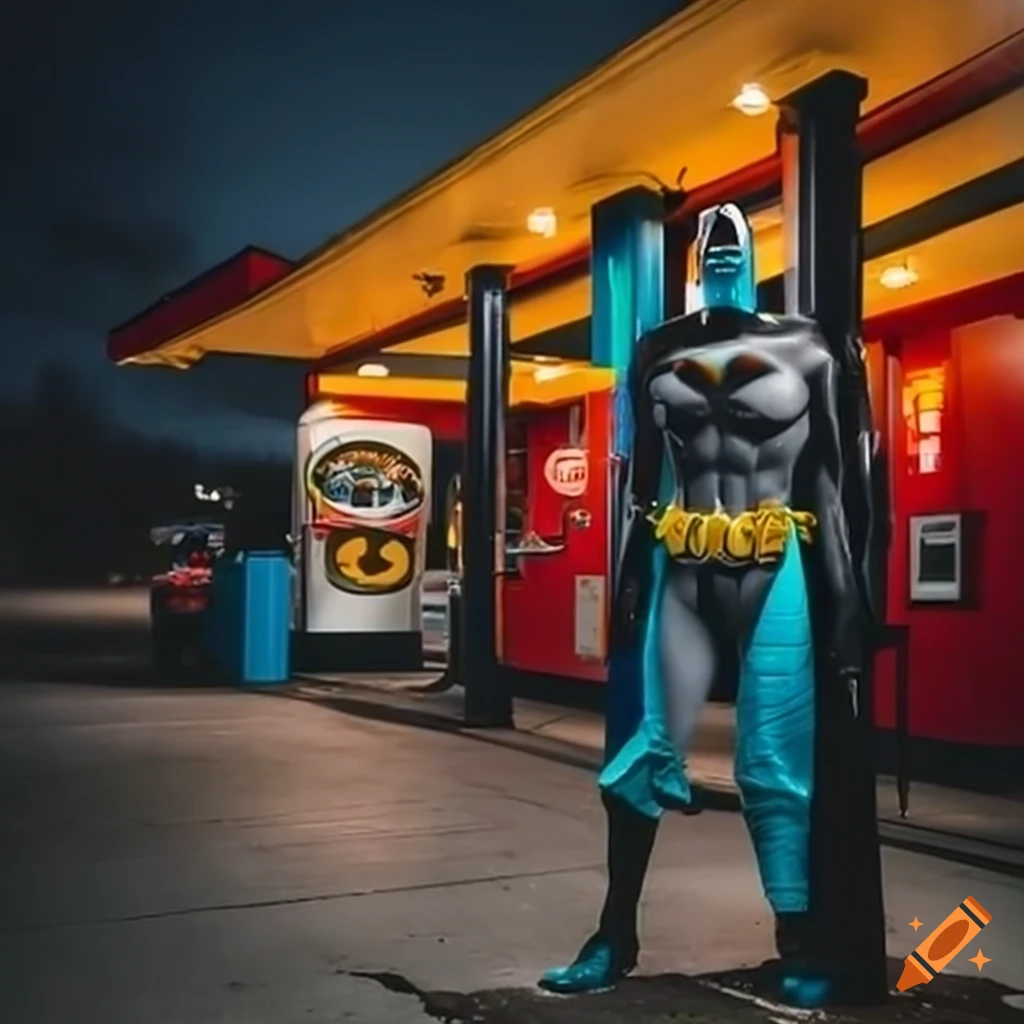 Batman enjoying a hotdog at a gas station