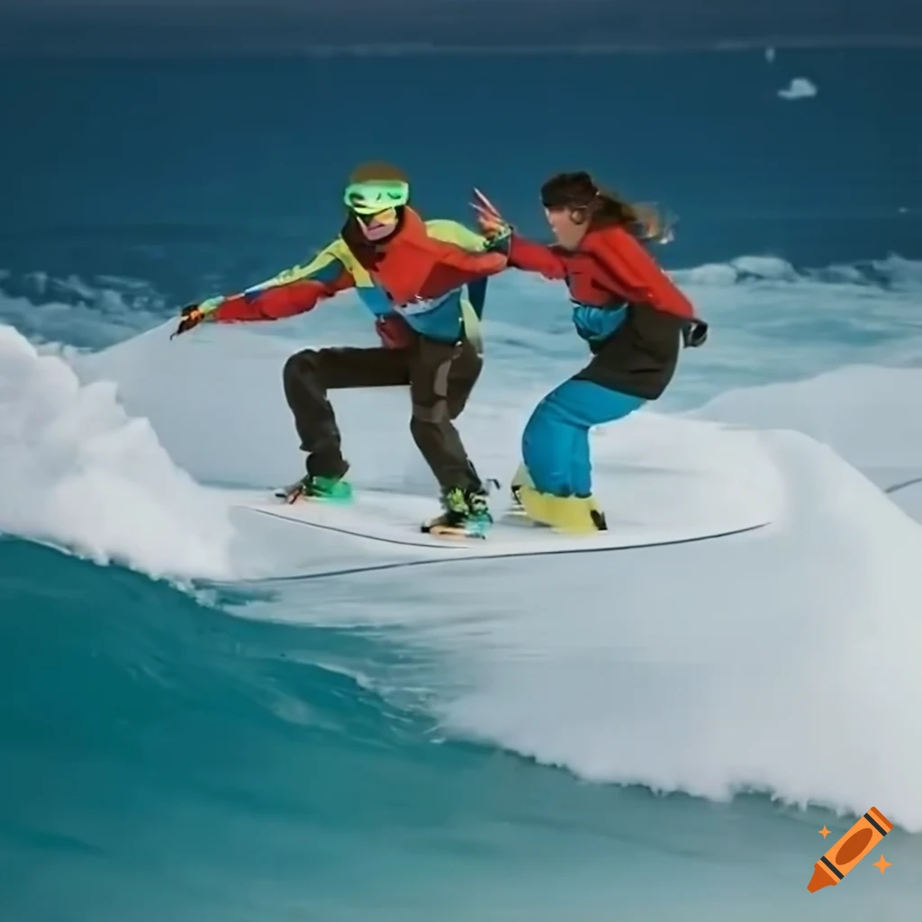 Skier and snowboarder surfing on a wave