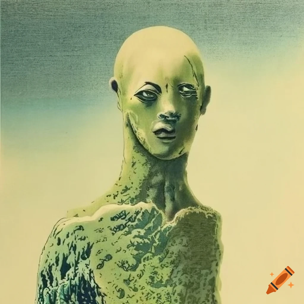 Hokusai-style artwork of a moss-covered humanoid in a misty woodland scene on Craiyon