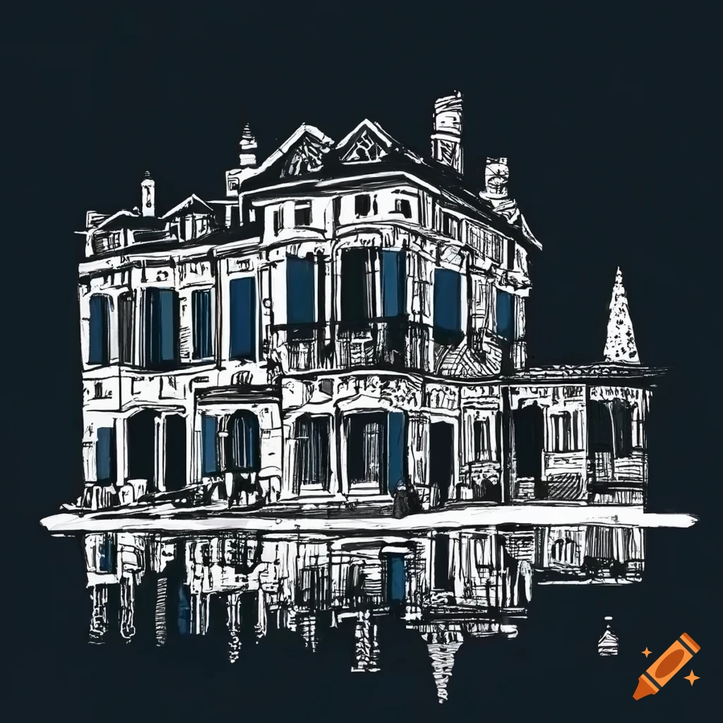 Pencil drawing of French Riviera houses with palm trees on Craiyon