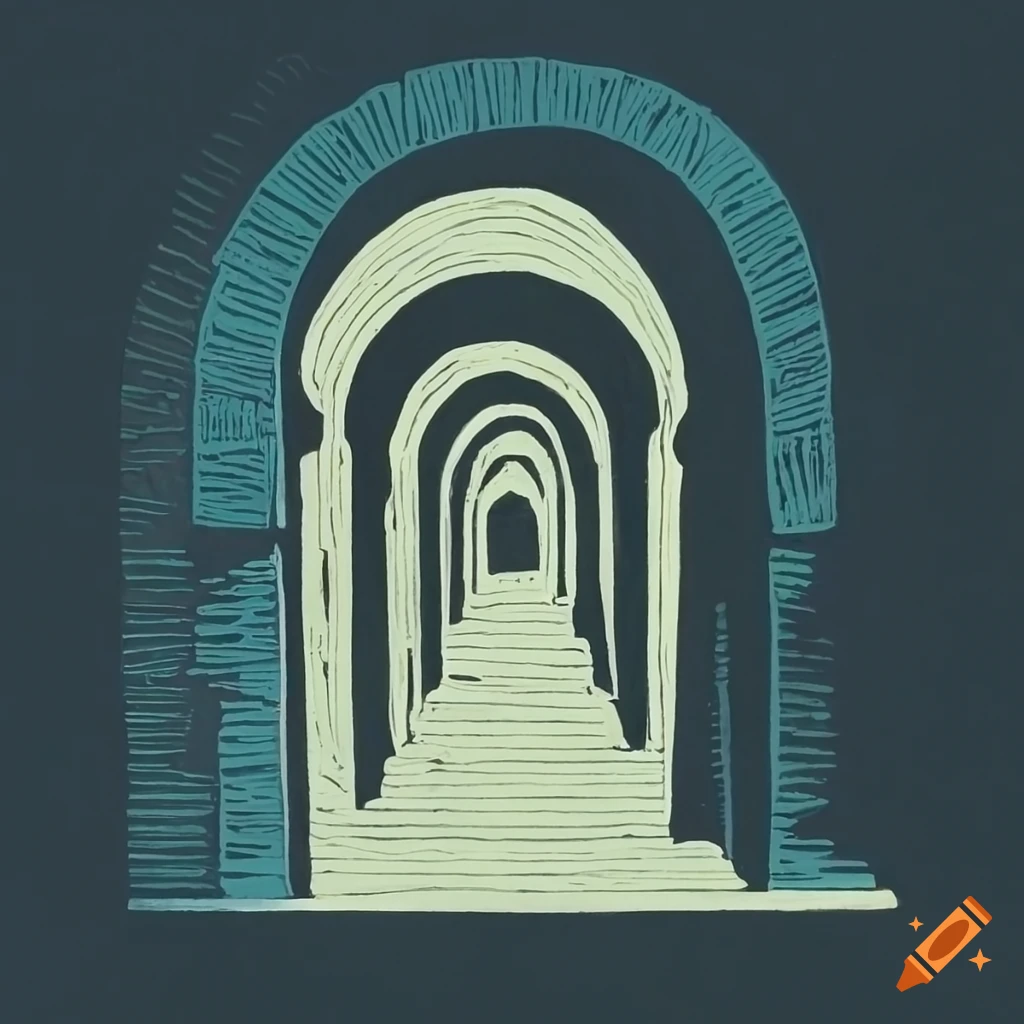 Linocut style stone corridor