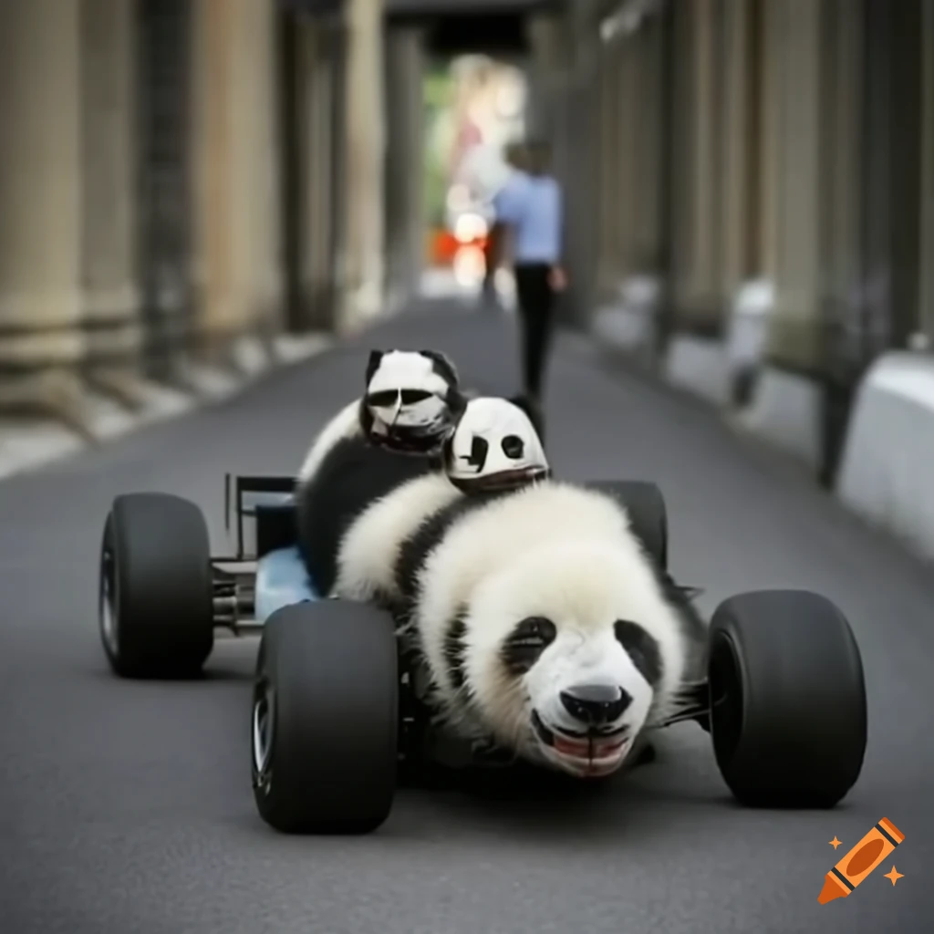Panda racing in a formula 1 car on Craiyon