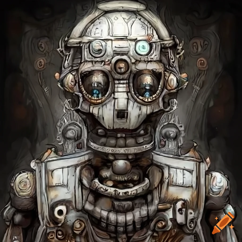 Creepy steampunk robot with empty eye sockets on Craiyon