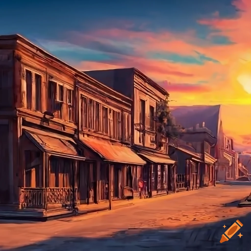 1800s old west town with wooden shops, saloon and hotel at sunset on ...