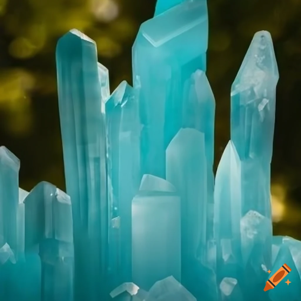 Massive pale cyan crystals in a forest on Craiyon