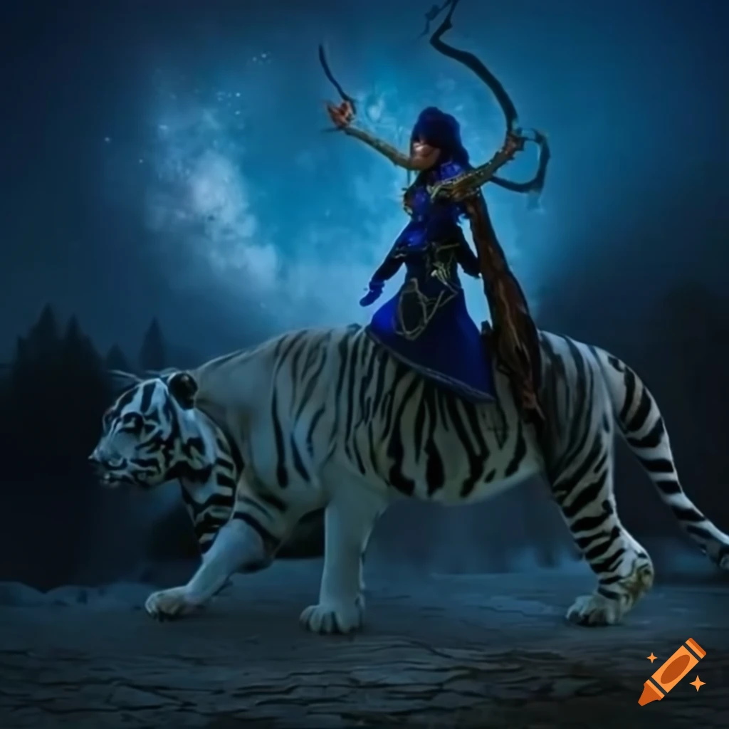 Female elf archer riding a white tiger in the night sky on Craiyon