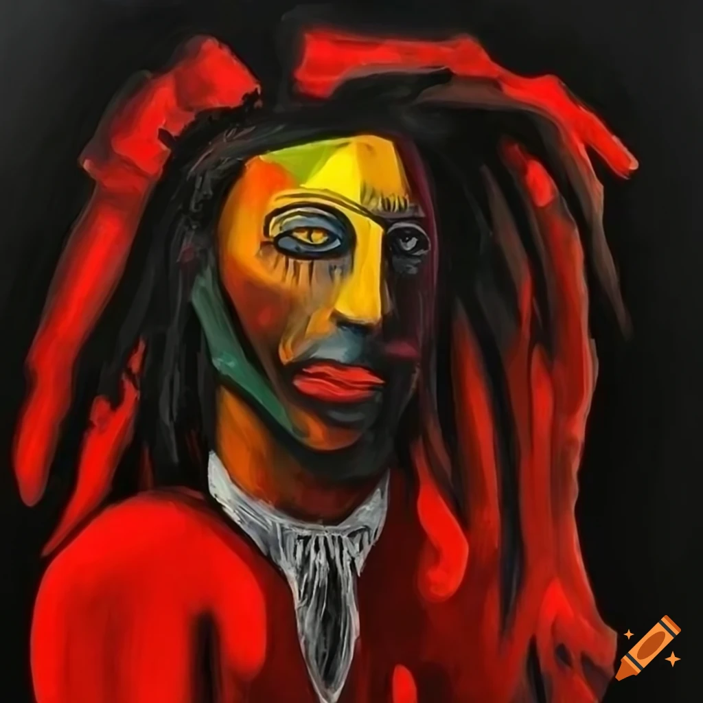 Abstract painting of a dread-headed man in red and black