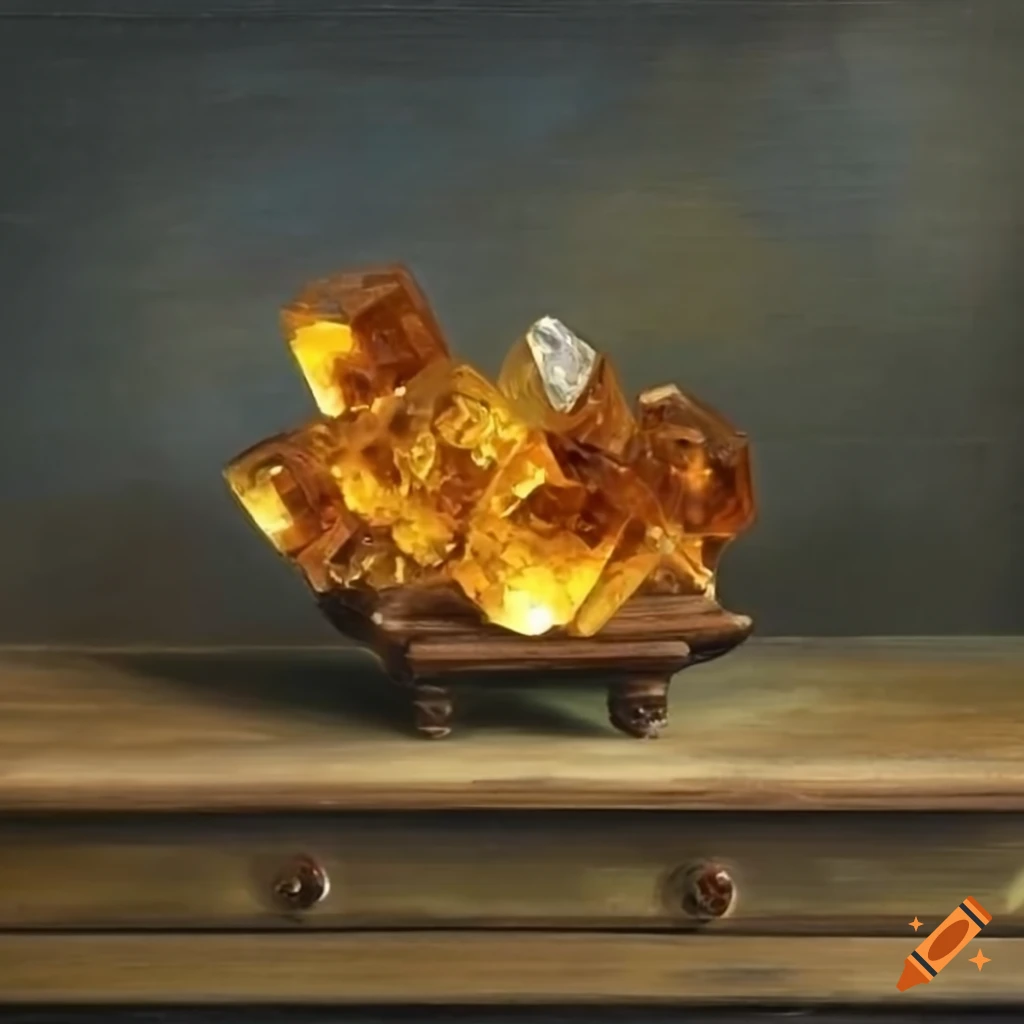 Oil painting of citrine crystals on a wooden table on Craiyon