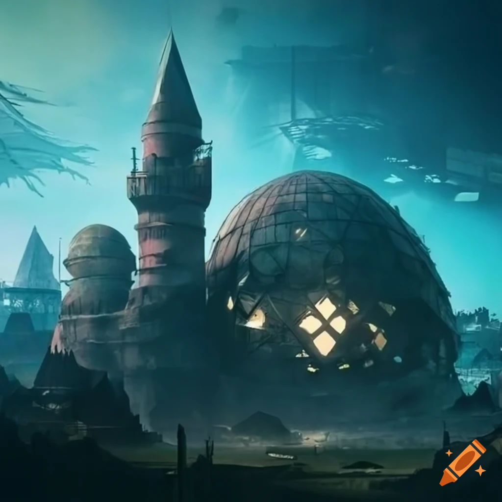 Cyberpunk castle with geodesic domes on Craiyon