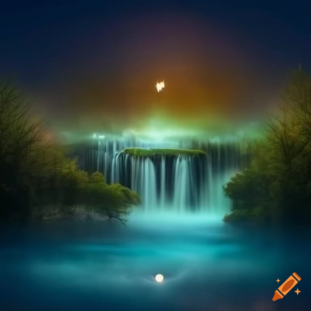 Surreal landscape with upward flowing waterfall and floating islands ...
