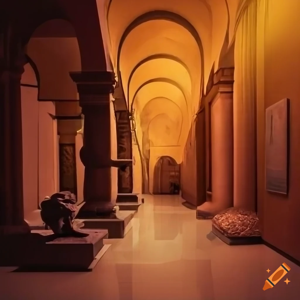 Museum background with artifacts and welcome sign on Craiyon