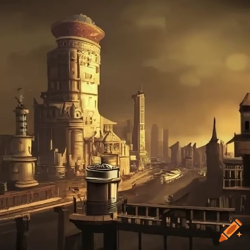 Sepia toned steampunk cityscape on Craiyon