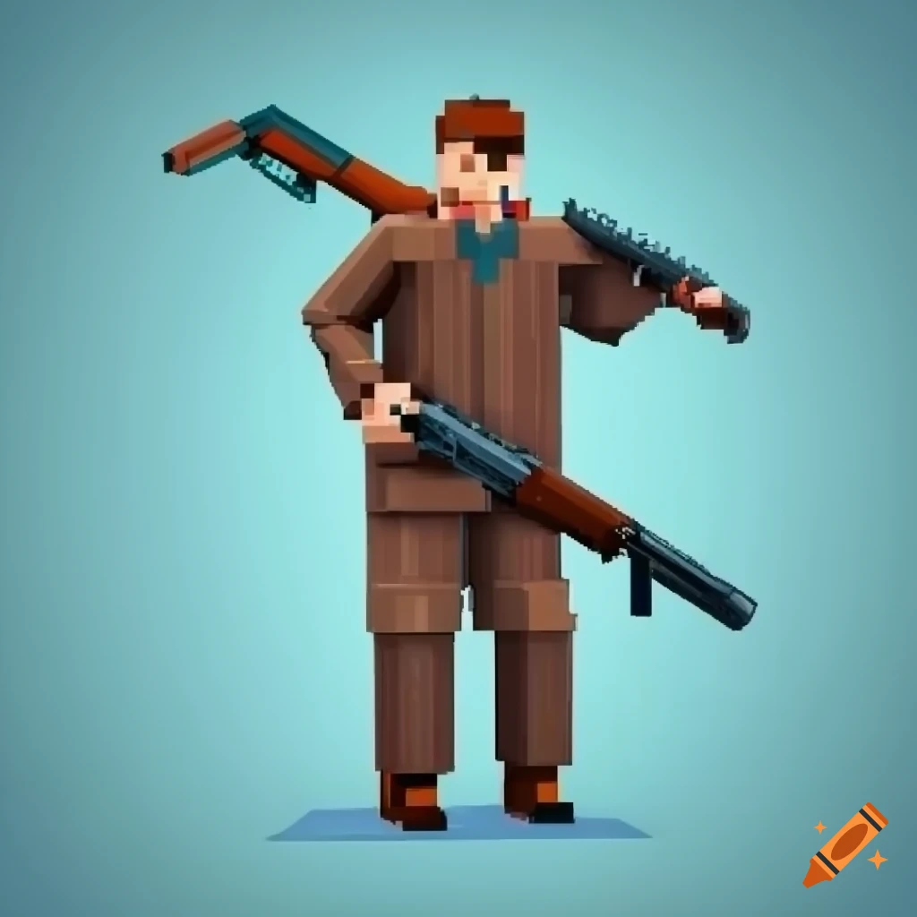 Pixelated 3d game design of a person with a shotgun on Craiyon