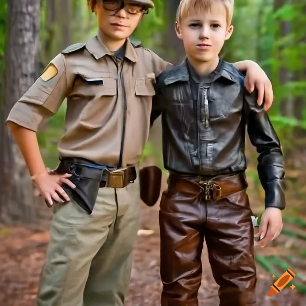 Close up of two boys in leather outfit in a forest on Craiyon
