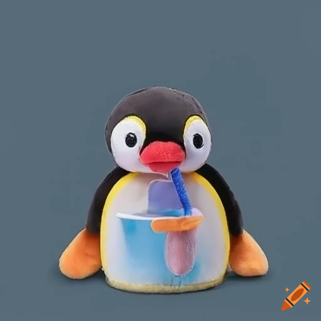 Cute plush pingu with a drink