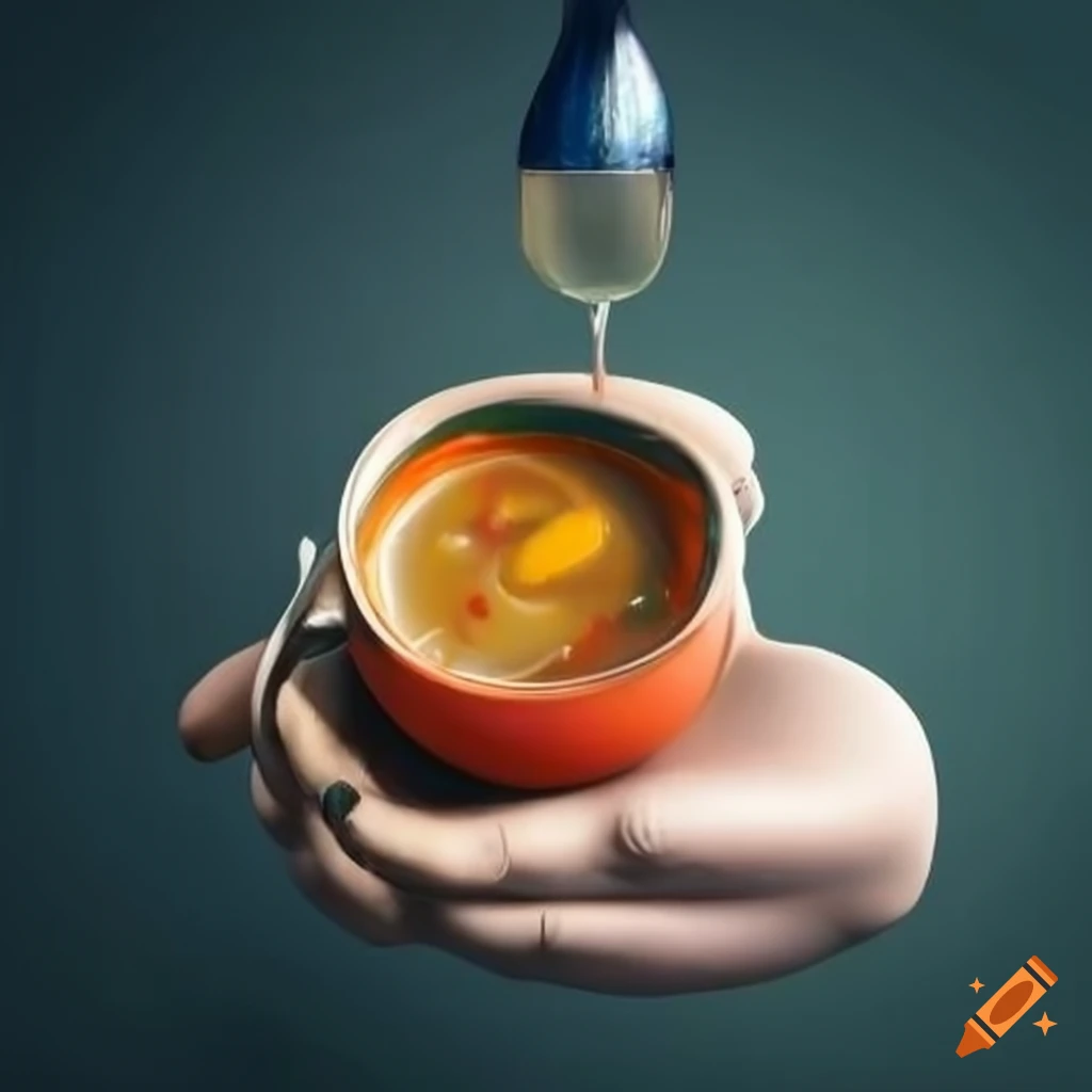 Surreal artwork of a person made of soup
