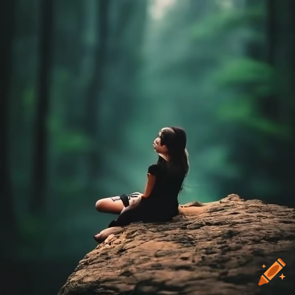 Girl Sitting On The Edge Of A Cliff Overlooking A Dark Forest On Craiyon