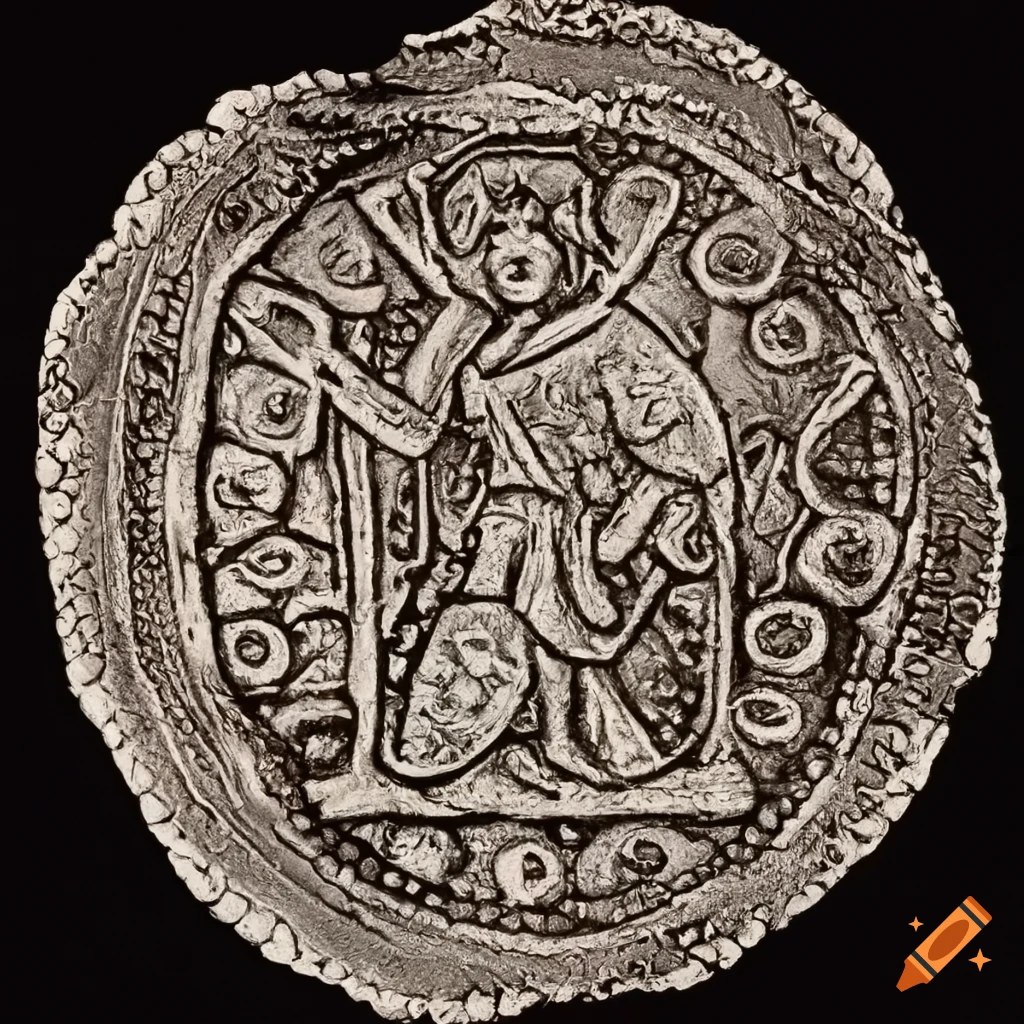 Medieval drawing of an ancient coin on black background on Craiyon