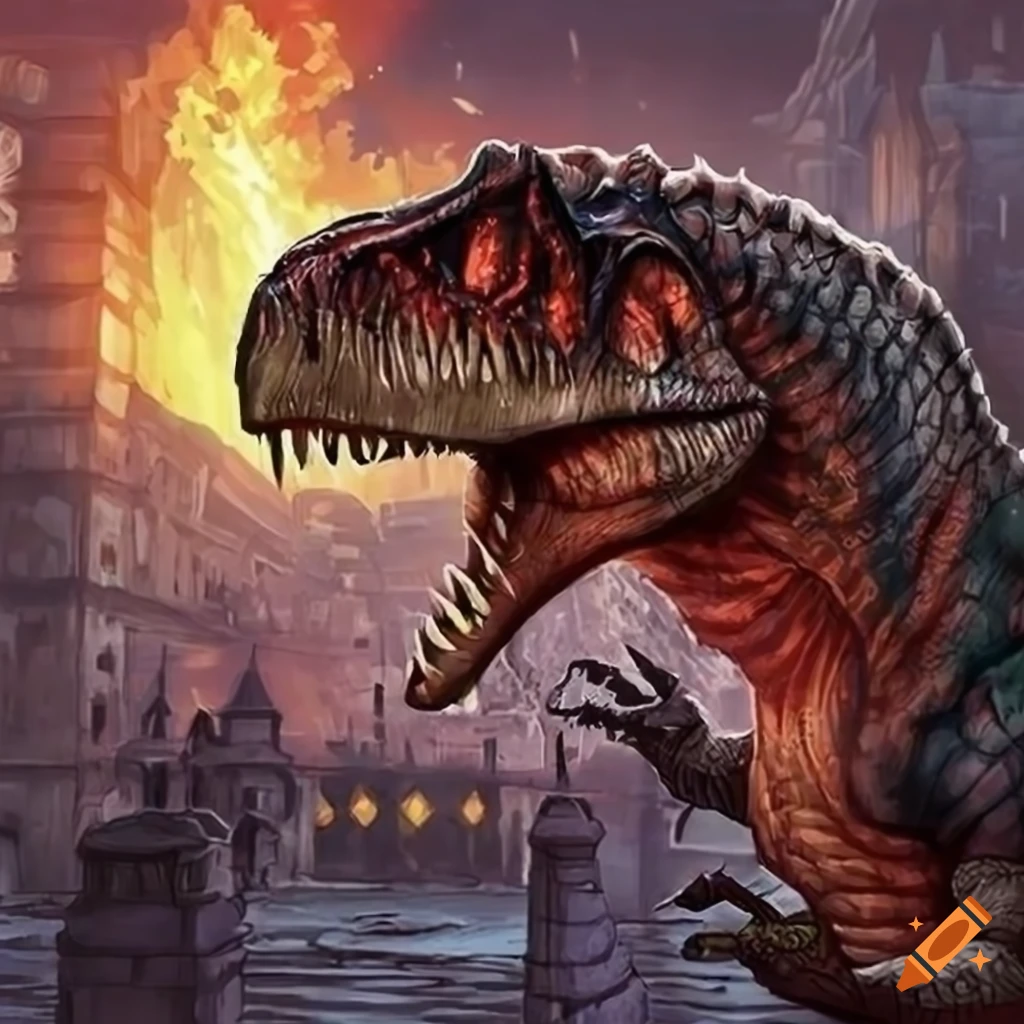 Illustration of a fierce allosaurus in an ancient city on Craiyon