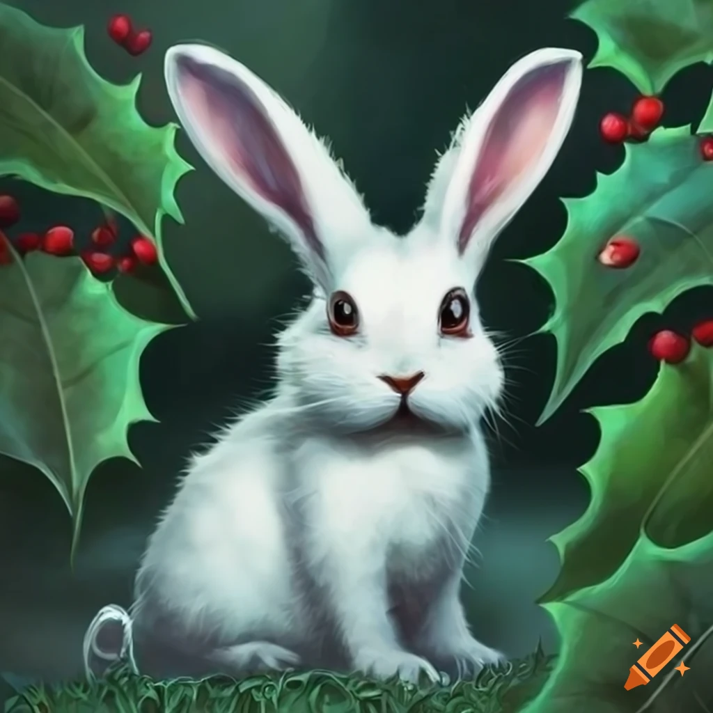 Fantasy artwork of a white rabbit with holly leaves necklace on Craiyon