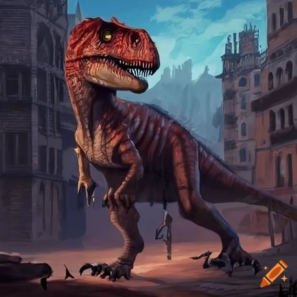 Illustration of a fierce allosaurus in an ancient city